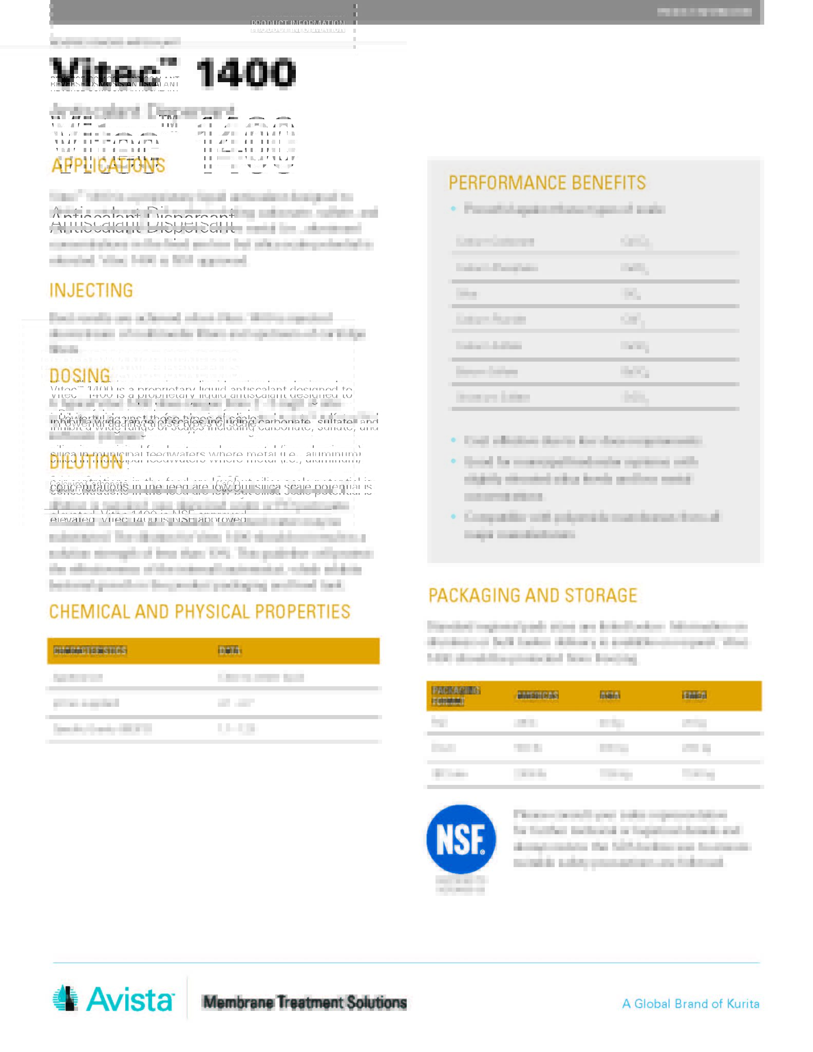 Vitec™ 1400, Antiscalant for RO Membranes - Avista™