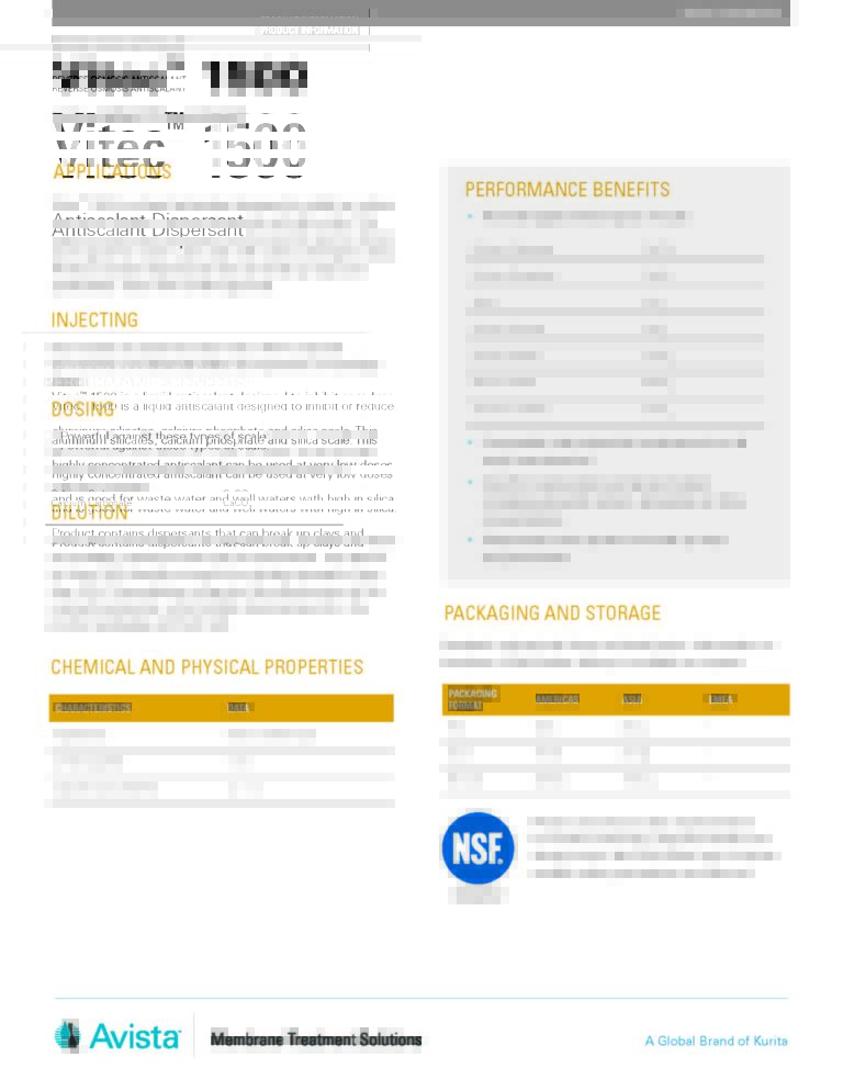 Vitec™ 1500, Antiscalant for RO Membrane - Avista™
