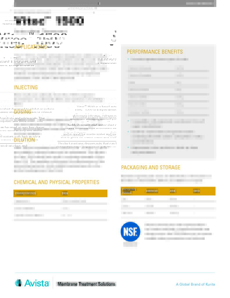 Vitec™ 1500, Antiscalant for RO Membrane - Avista™