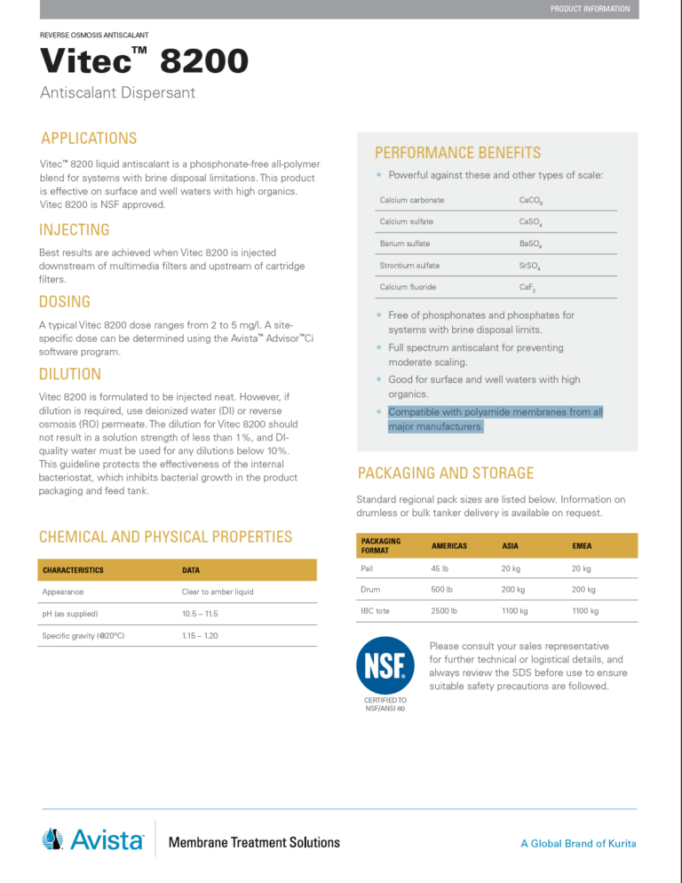 Vitec™ 8200, RO Membrane Antiscalant - Avista™