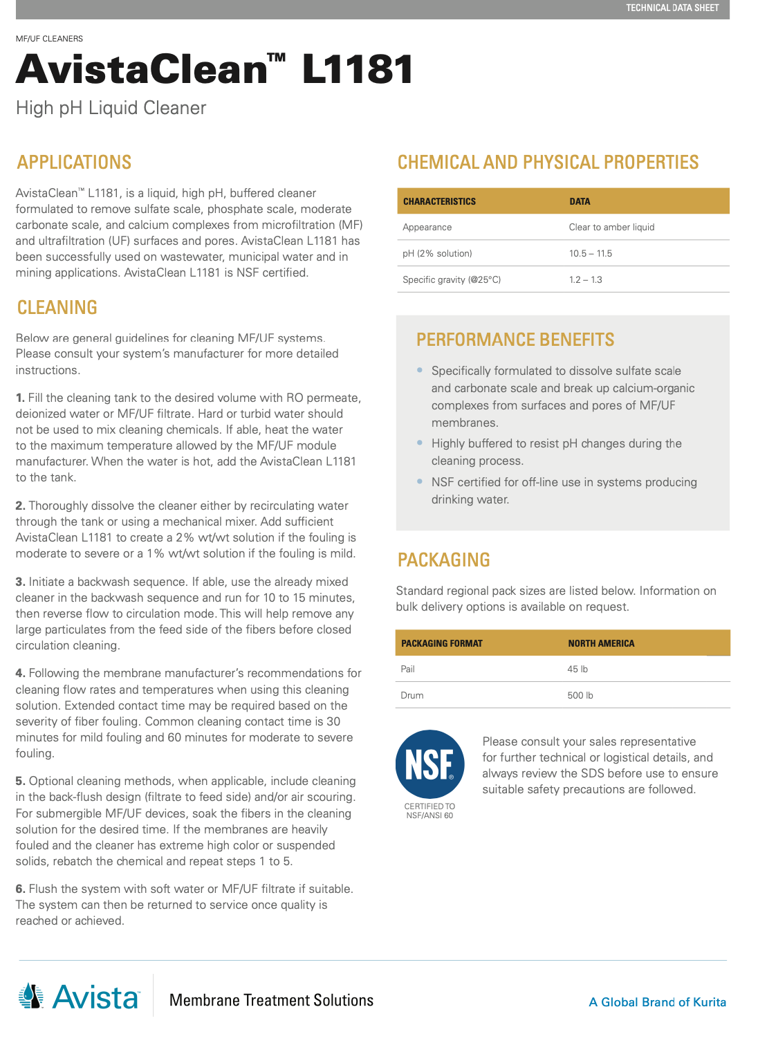 AvistaClean™ L1181 - Avista Membrane Treatment Solutions